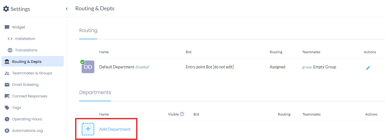 Setup routing logic and manage departments