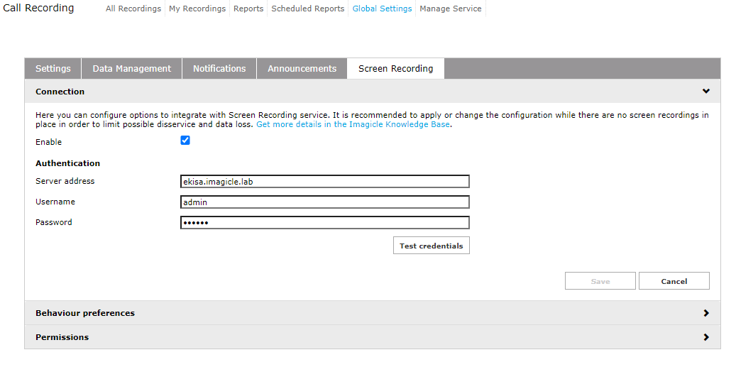 Imagicle Screen Recording UCX Suite Settings